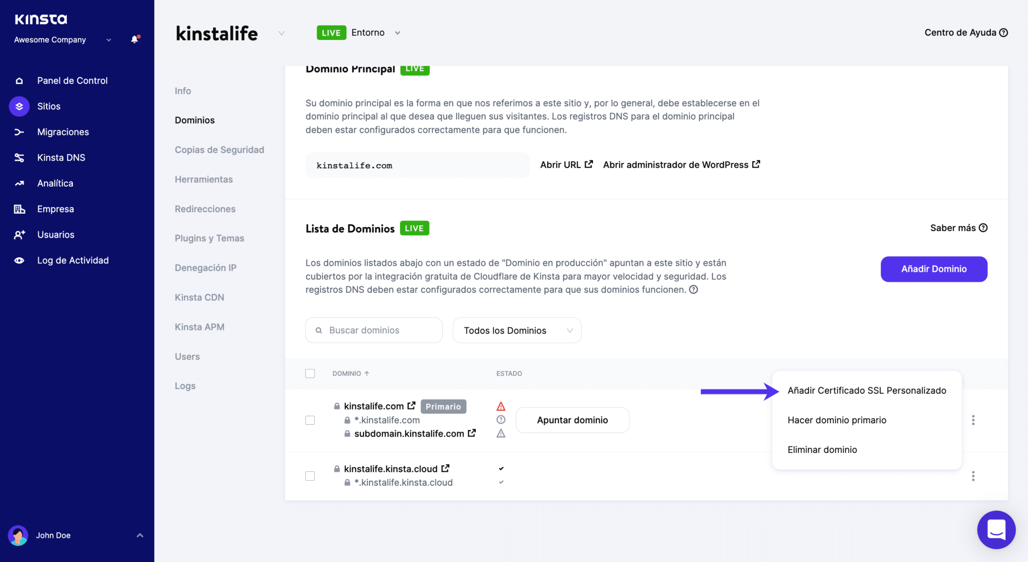 Certificados SSL y alojamiento gratuitos de Kinsta