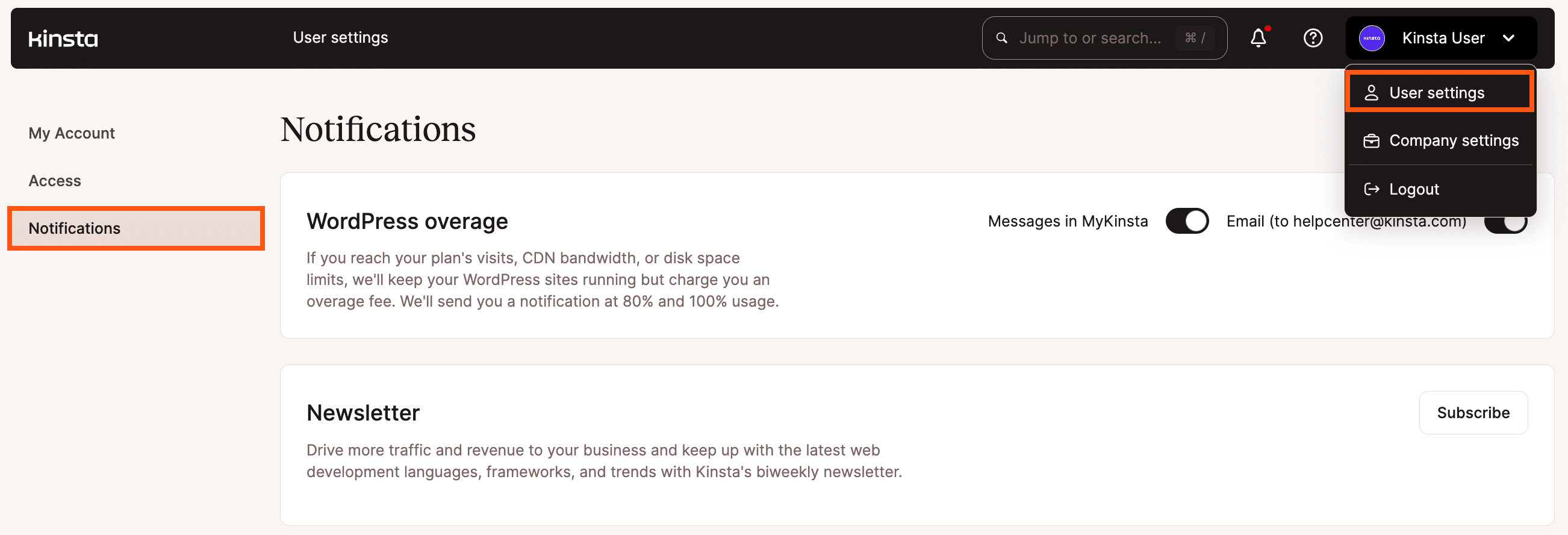 User Settings - Notifications - Kinsta® Docs
