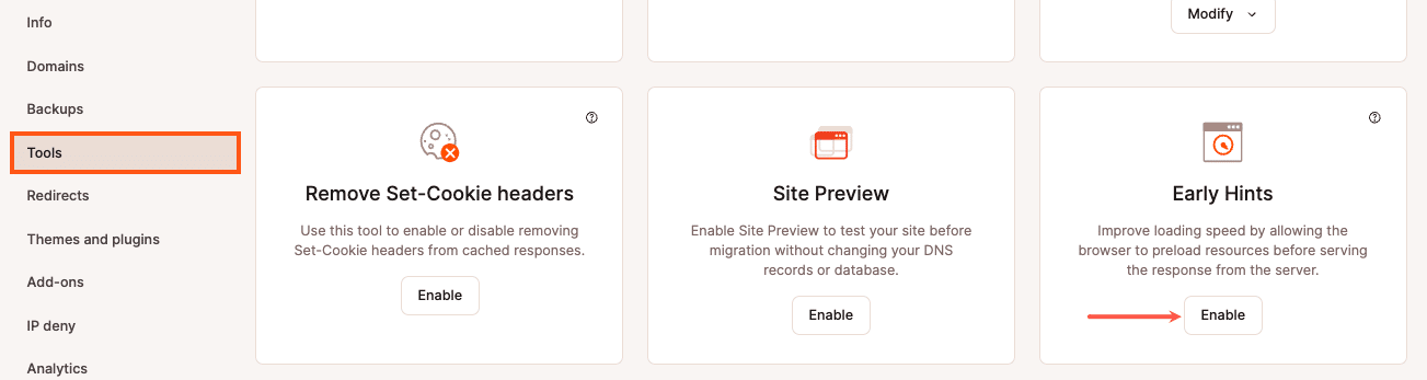 Tools - Early Hints - Kinsta® Docs