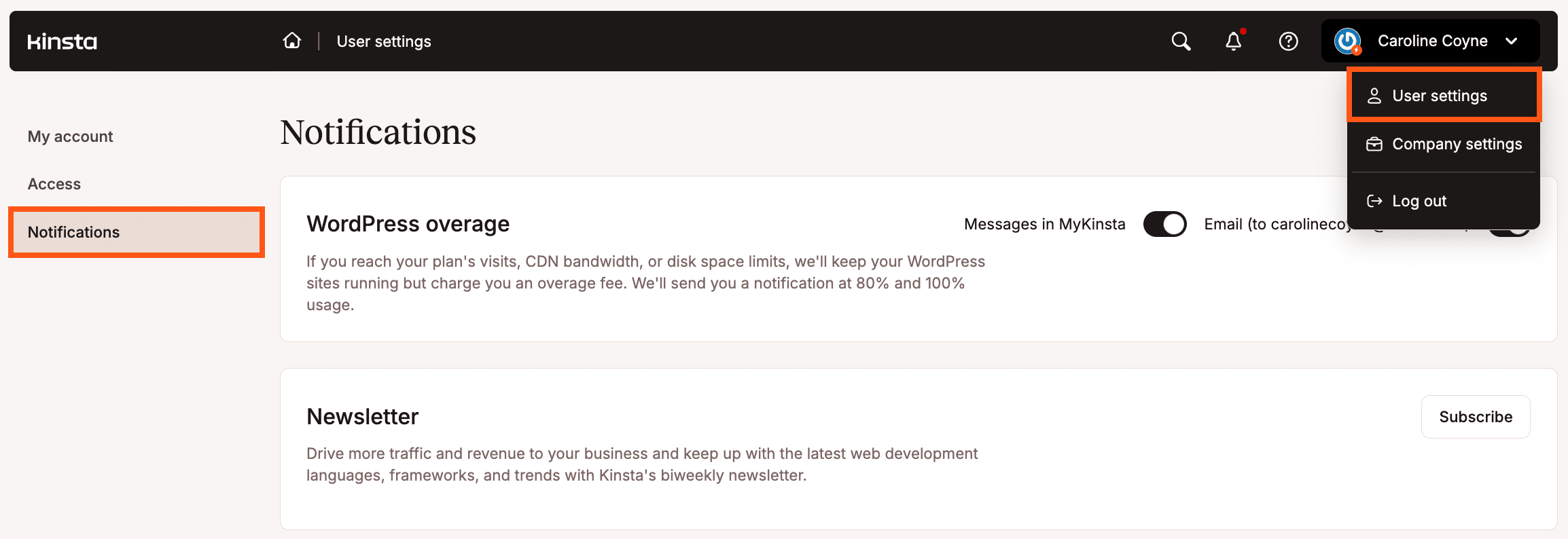 User Settings - Notifications - Kinsta® Docs