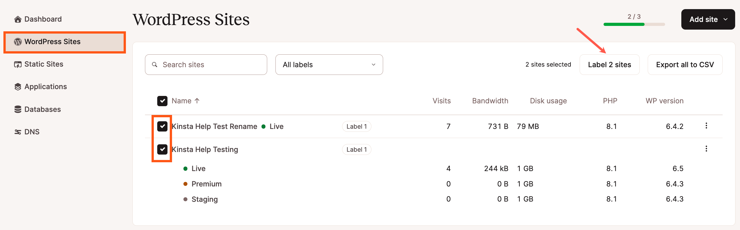 Site Management Labels Kinsta® Docs